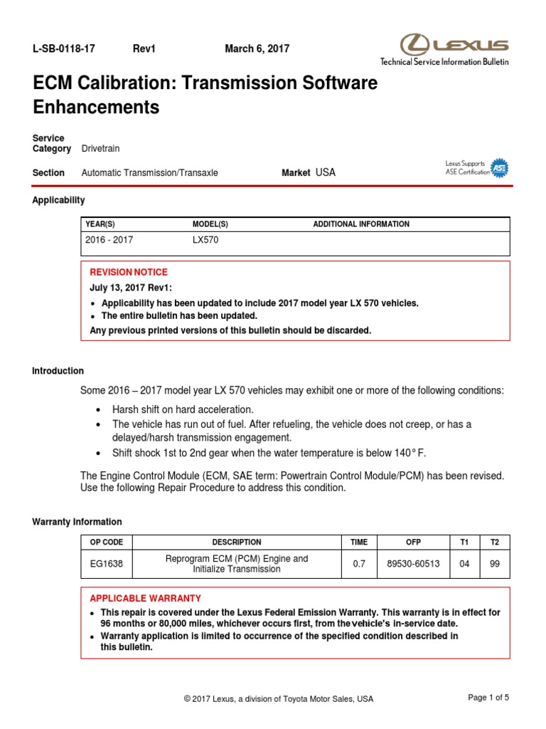 ECM Calibration Transmission Software Lexus 570 2016 2017 | PDF | Lexus | Automatic Transmission
