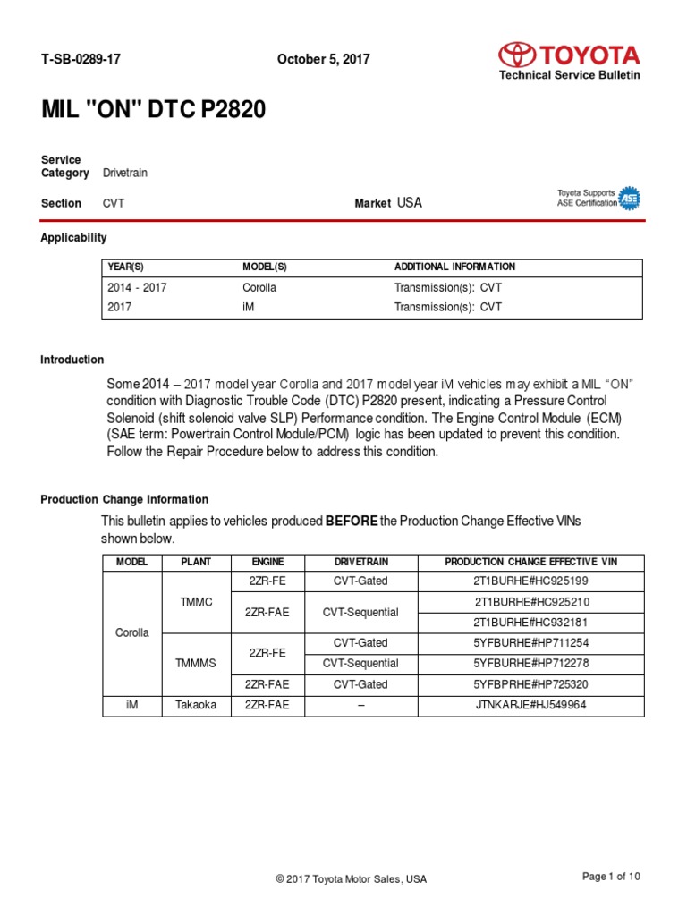 MIL ON DTC P2820 2014 - 2017 Corolla Transmission(s) CVT 2017 Im ...