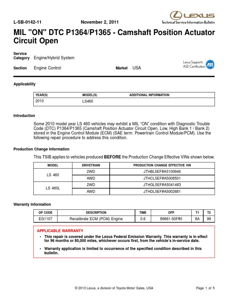 MIL ON DTC P1364P1365 Camshaft Position Actuator Lexus Ls 460 2010 ...