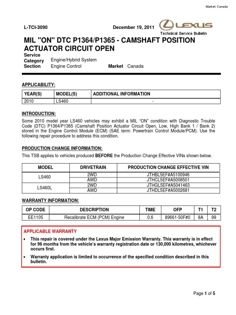 MIL ON DTC P1364P1365 - CAMSHAFT POSITION Lexus Ls460 2010 | PDF ...