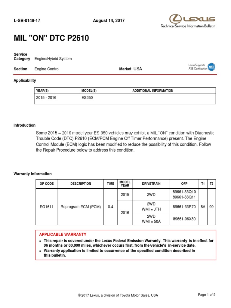 MIL ON DTC P2610 Lexus ES 350 2015 2016 PDF | PDF