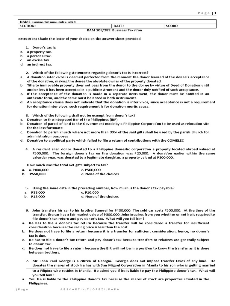 Donor's Tax Quiz and Scenarios | PDF | Taxes | Donation