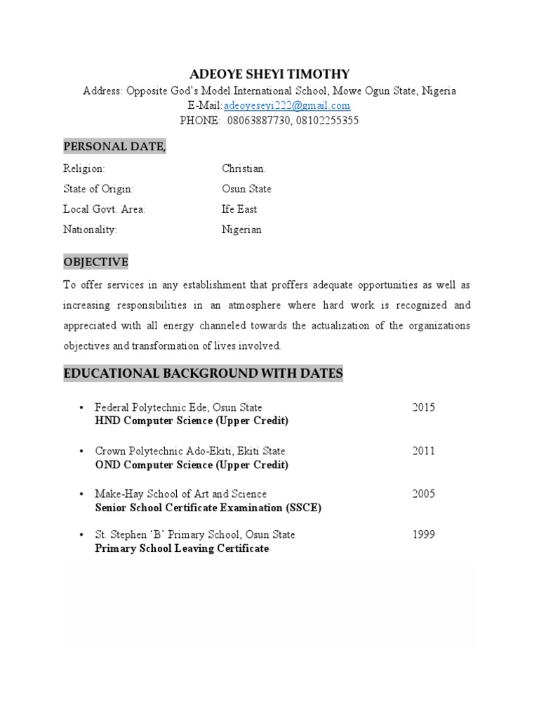 ADEOYE SHEYI TIMOTHY C.V | PDF | Information Technology | Operating System