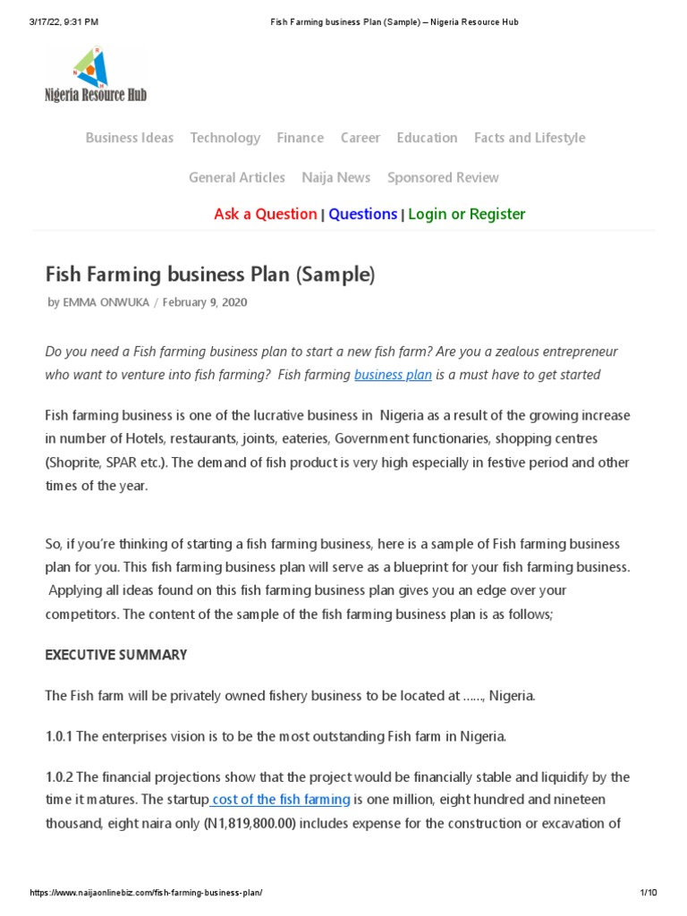 Fish Farming Business Plan (Sample) - Nigeria Resource Hub | PDF ...