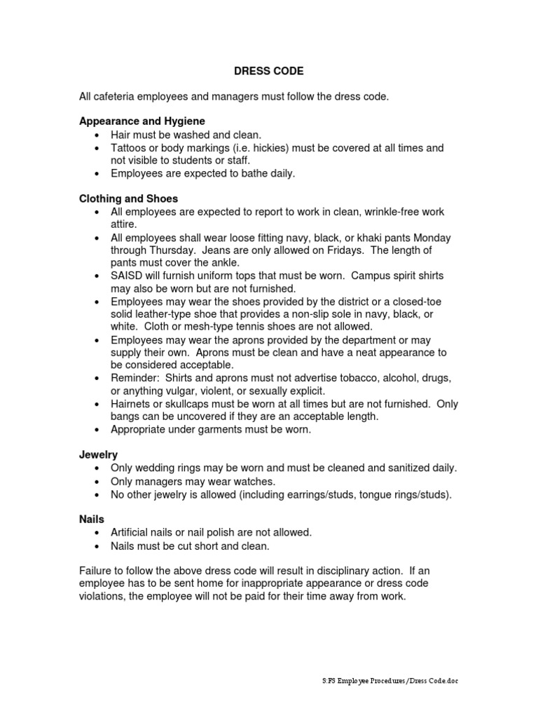 Cafeteria Employee Dress Code Guidelines | PDF | Business
