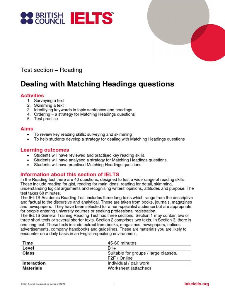 Developing Strategies for Matching Headings Questions in IELTS Reading ...