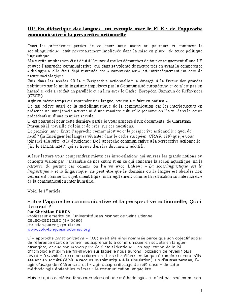 Approche communicative et actionnelle FLE | PDF | Pédagogie | Linguistique