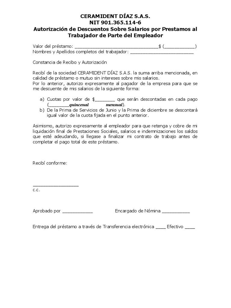 Modelo de Autorizacion de Descuentos en Salario | PDF