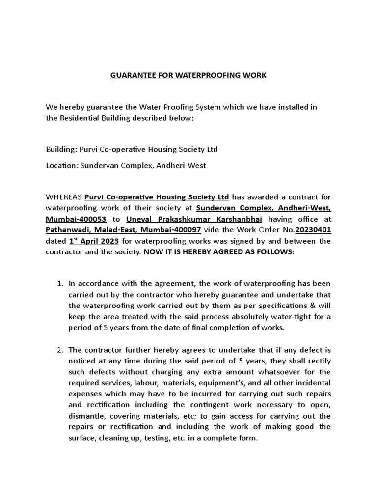 Waterproofing Work Guarantee Certificate | PDF | Guarantee | Business Law