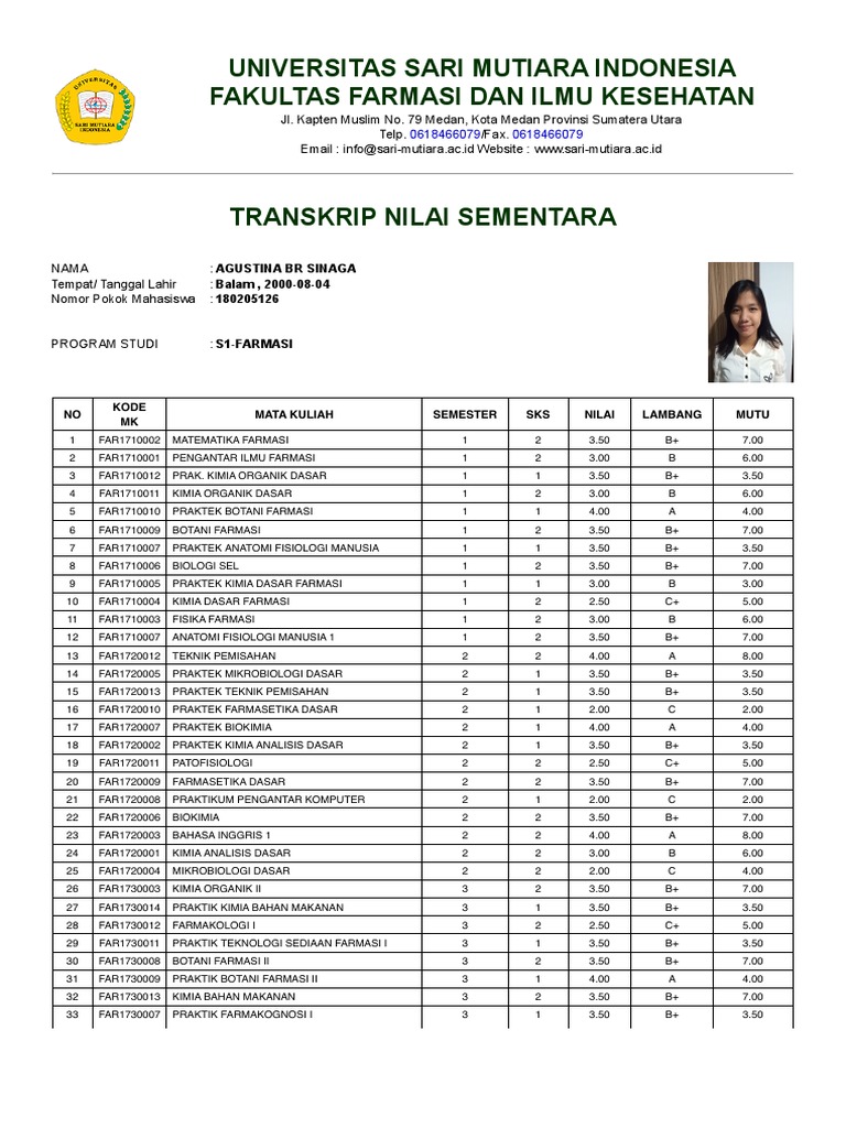 Transkrip Nilai S1 Farmasi Agustina | PDF