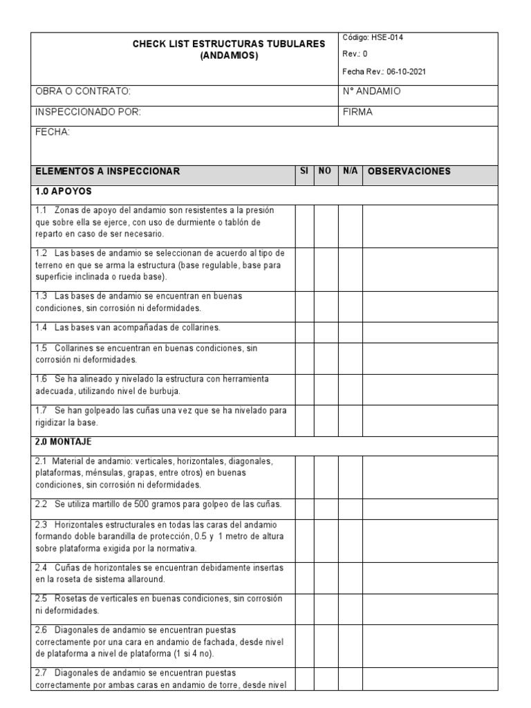 HSE-014 Check List Andamios | Descargar gratis PDF | Andamio | Artesanías