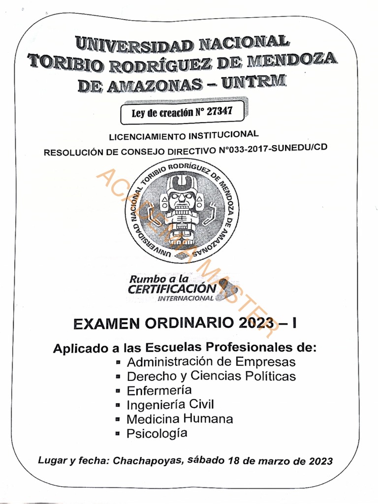 Examen de Admisión Untrm 2023 | PDF
