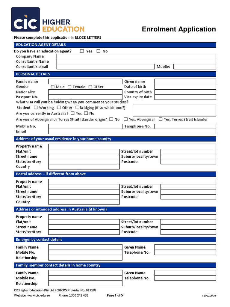 CIC Higher Education Enrolment Form | PDF | Privacy | Bachelor's Degree