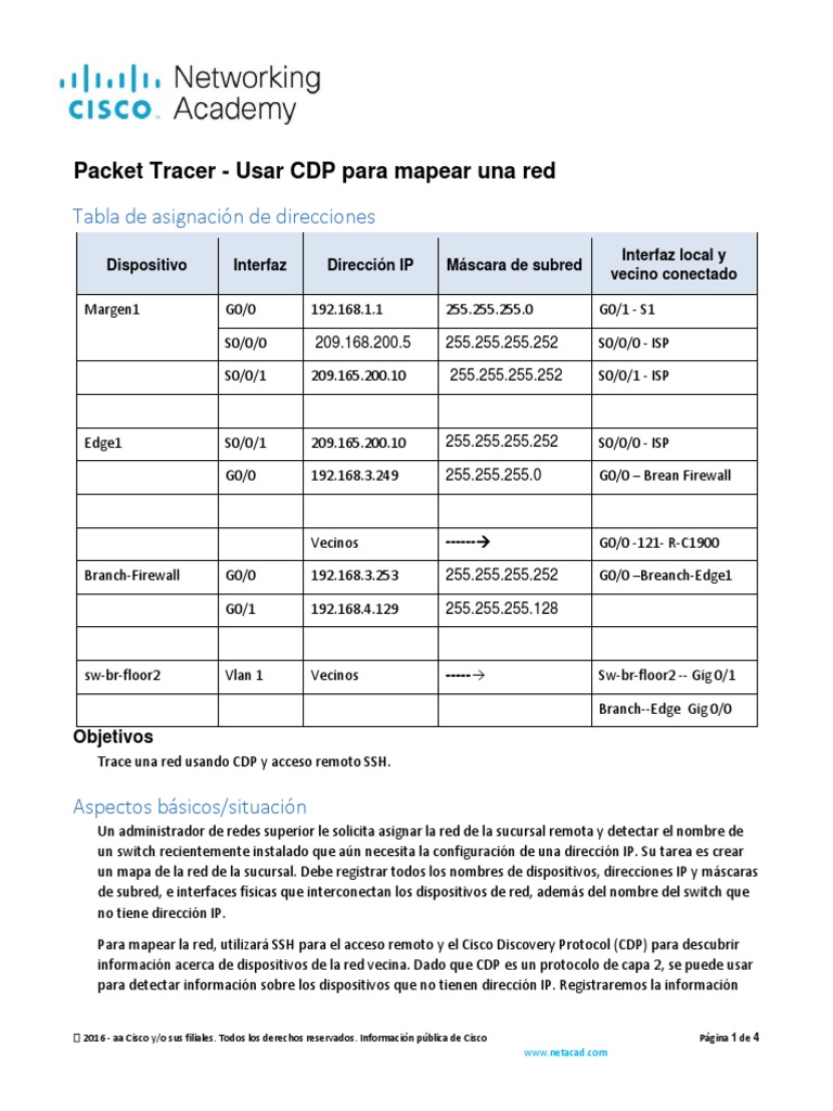 Packet Tracer - Usar CDP para Mapear Una Red: Tabla de Asignación de Direcciones | PDF ...