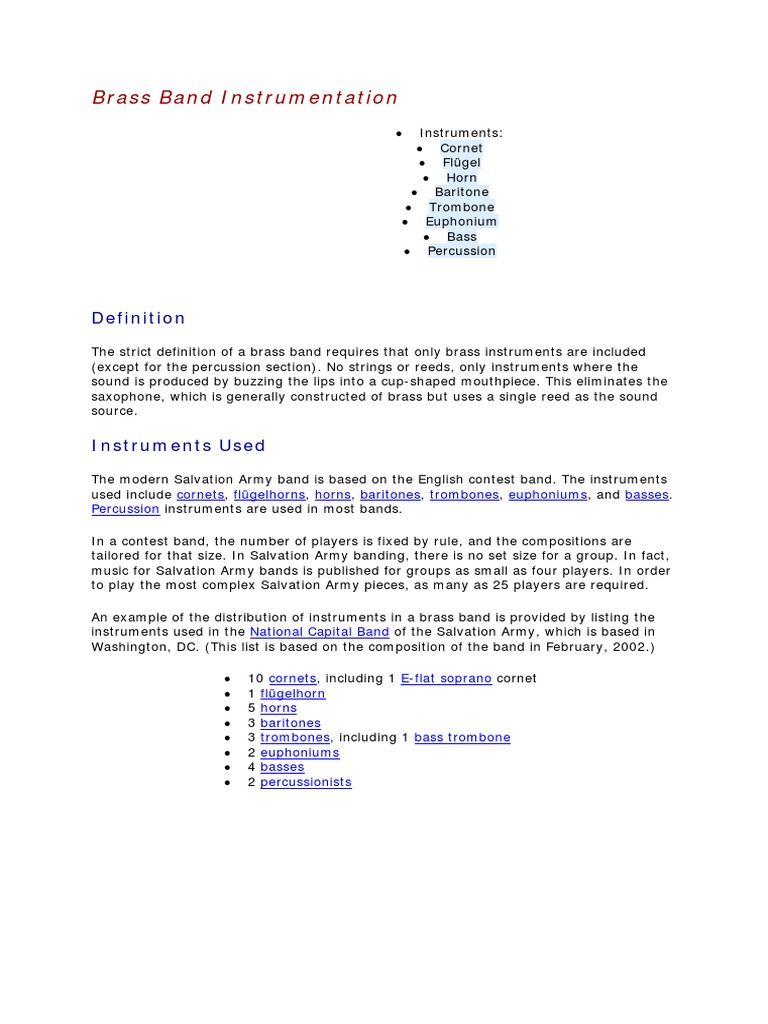 Brass Band Instrumentation | PDF | Trombone | Brass Instruments