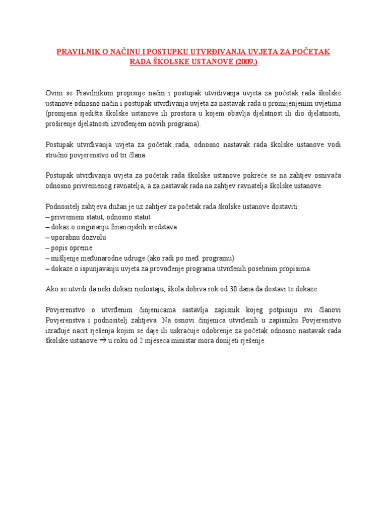 Pravilnik o Načinu I Postupku Utvrđivanja Uvjeta Za Početak Rada Školske Ustanove | PDF
