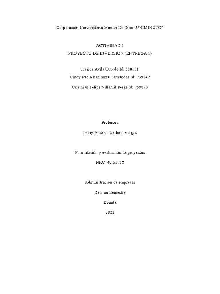 Act 1 Evaluacion de Proyectos | PDF | Plan de negocios | Diseño