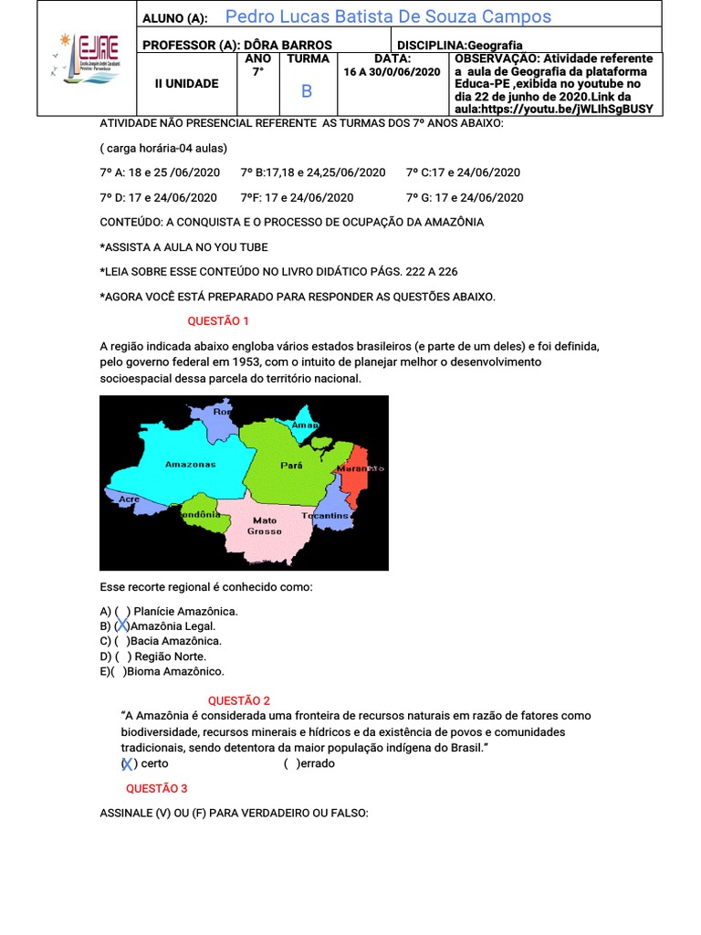 Atividade Sobre A Amazônia GFFG | PDF | Floresta Amazônica | Geociências