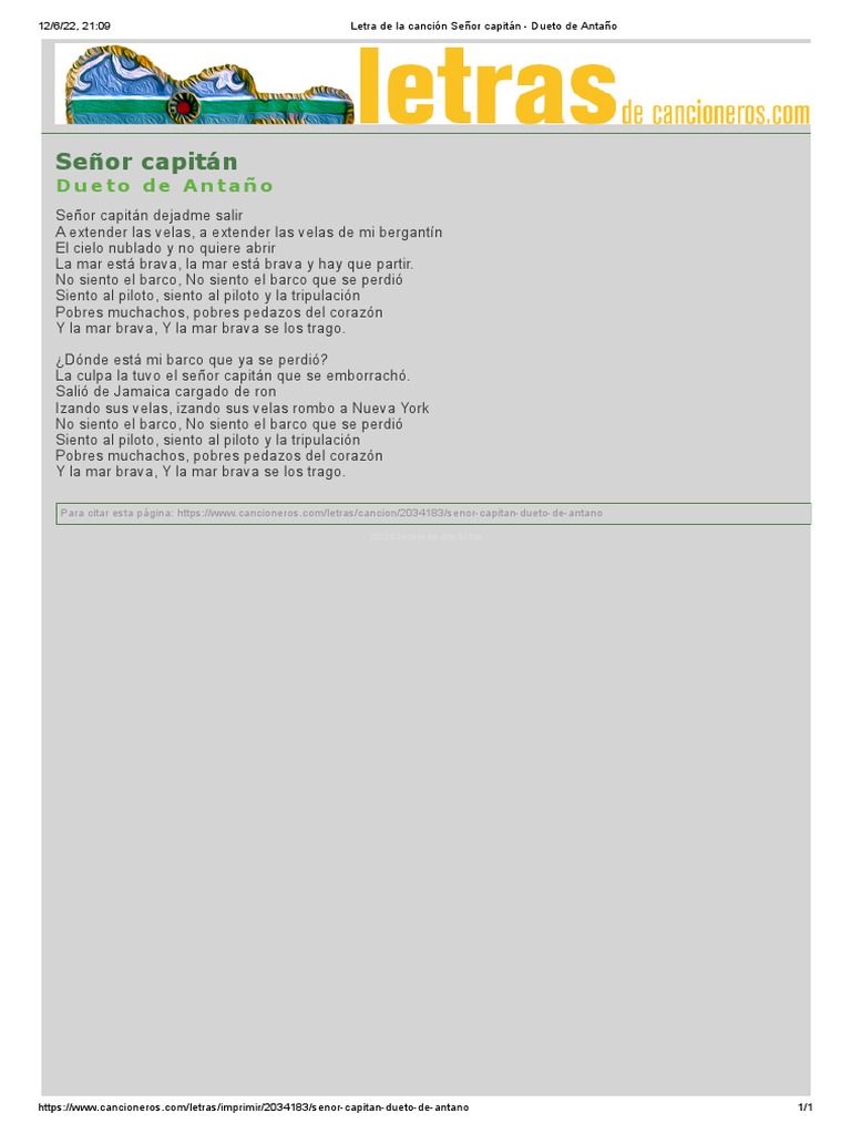Letra de "Señor Capitán" - Dueto de Antaño | PDF
