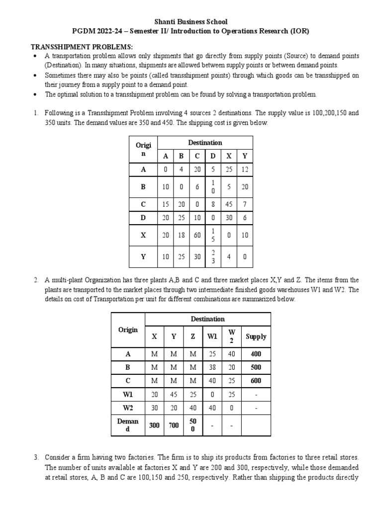 Transhipment Problem Pdf Applied Mathematics Mathematical