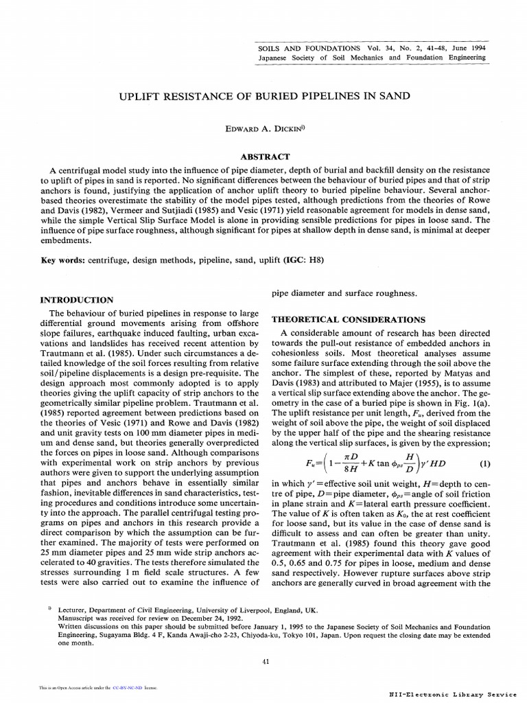 Uplift Resistance of Buried Pipelines in Sand - Dickin PDF | PDF ...
