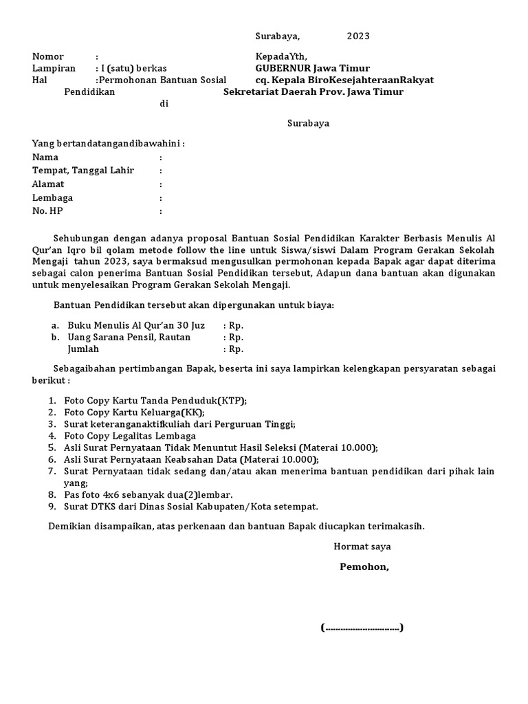 Surat Permohonan Bantuan Sosial | PDF