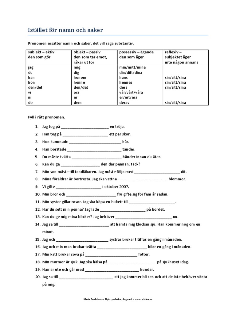Lektion Se 25944 Istallet For Namn Och Saker - Pronomenovningar | PDF