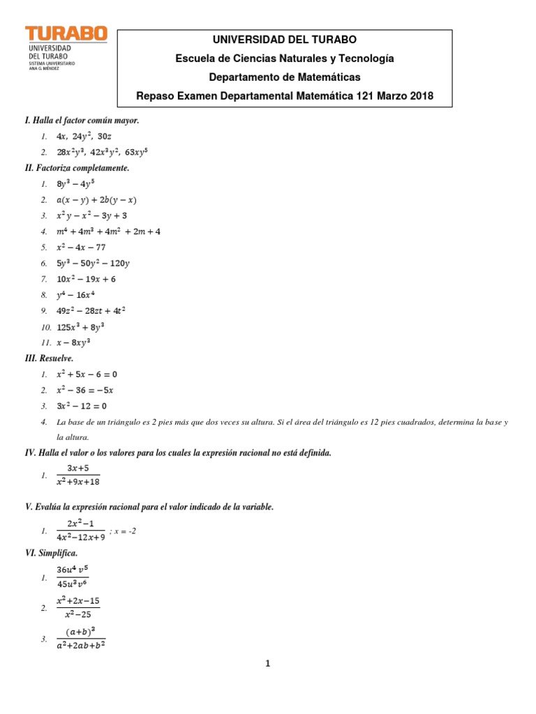 Repaso - Examen - Departamental - MATH - 121 3 PDF | PDF | Matemáticas | Matemática Elemental