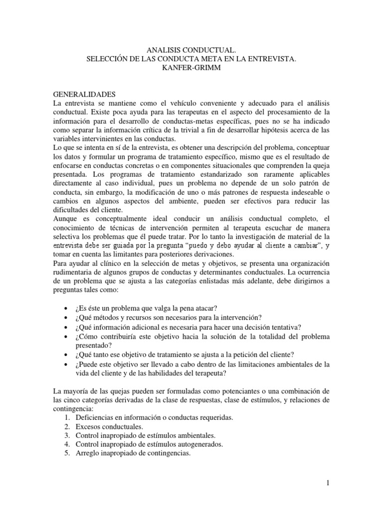 Análisis Conductual de Kanfer y Grimm | PDF | Comportamiento | Ansiedad