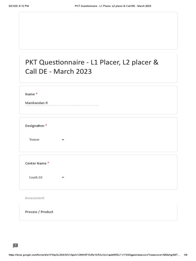 PKT Questionnaire - L1 Placer, L2 Placer & Call DE - March 2023 PDF | PDF