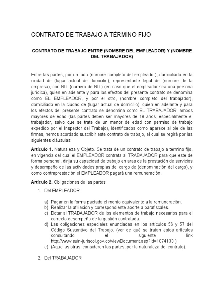 Contrato de Trabajo A Término Fijo - Laboral | PDF | Salario | Tiempo ...