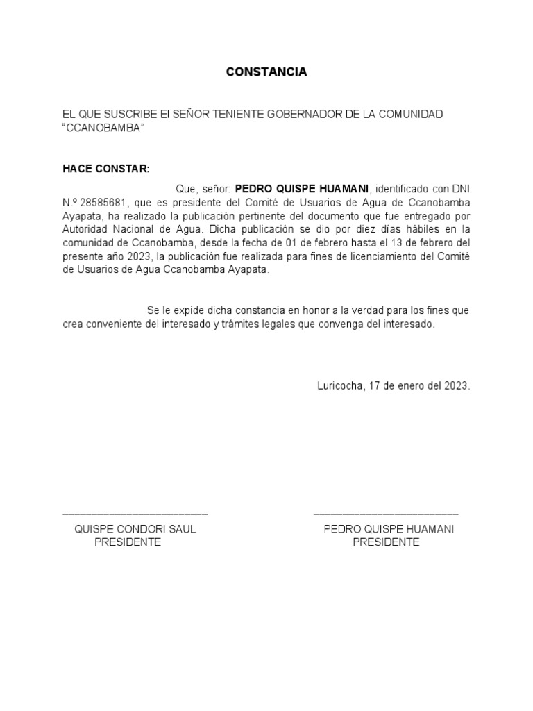 Constancia de Ayapata Agua | PDF