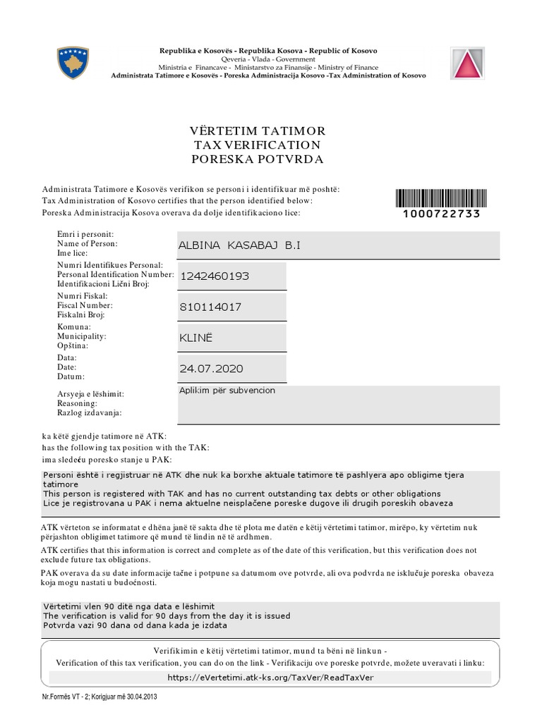 Vërtetim Tatimor Tax Verification Poreska Potvrda: Albina Kasabaj B.I ...