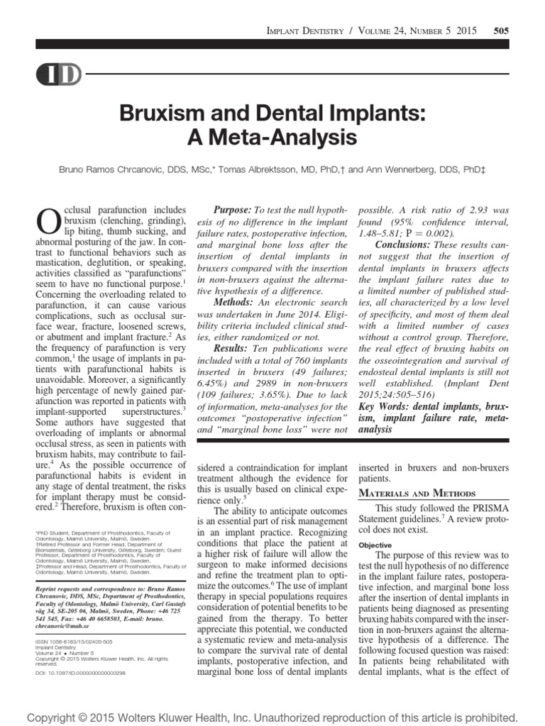 Bruxism and Dental Implants - A Meta-Analysis | PDF | Dental Implant ... Bruxism and Dental Implants - A Meta-Analysis | PDF | Dental Implant ...