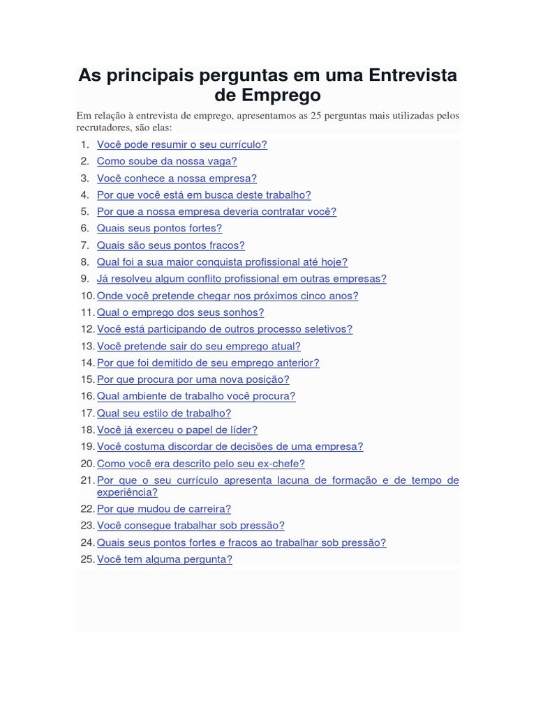 As Principais Perguntas em Uma Entrevista de Emprego | PDF | Liderança ...