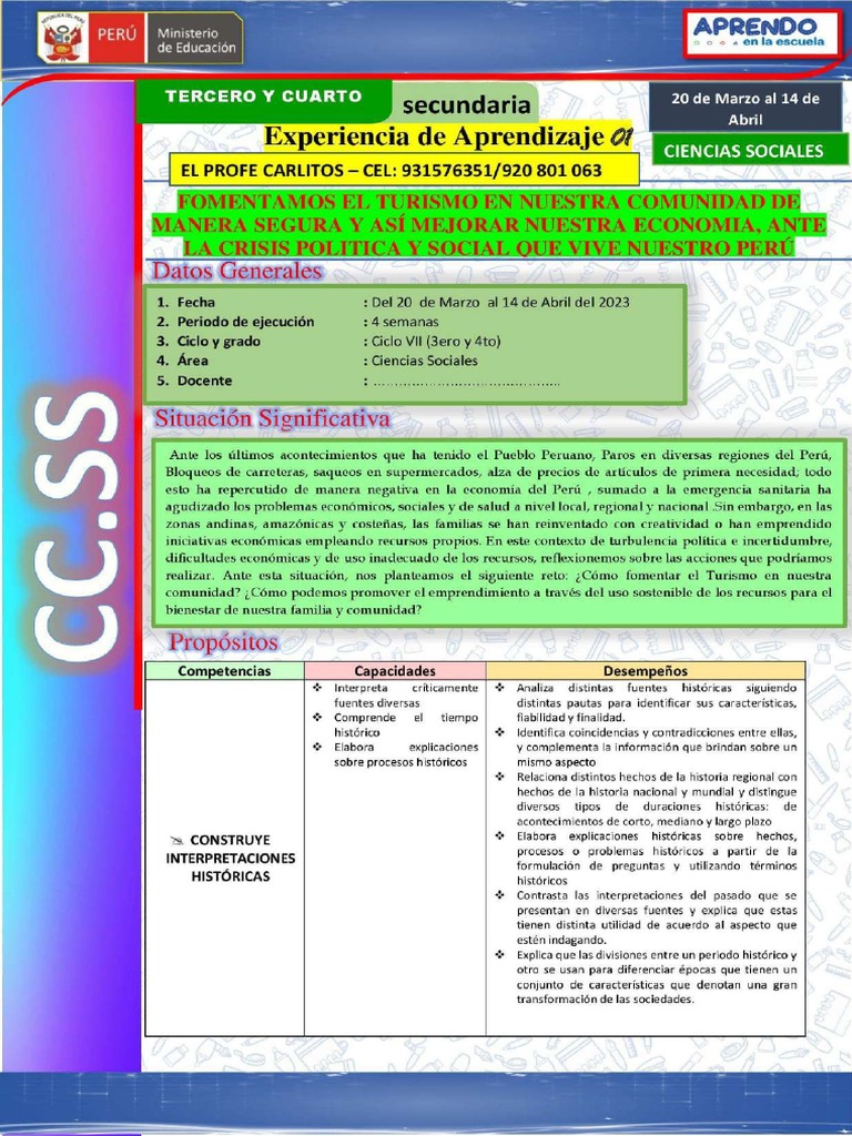 Experiencia de Aprendizaje 01 - 3ero y 4to - Ciencias Sociales - 2023 - 00001 | PDF