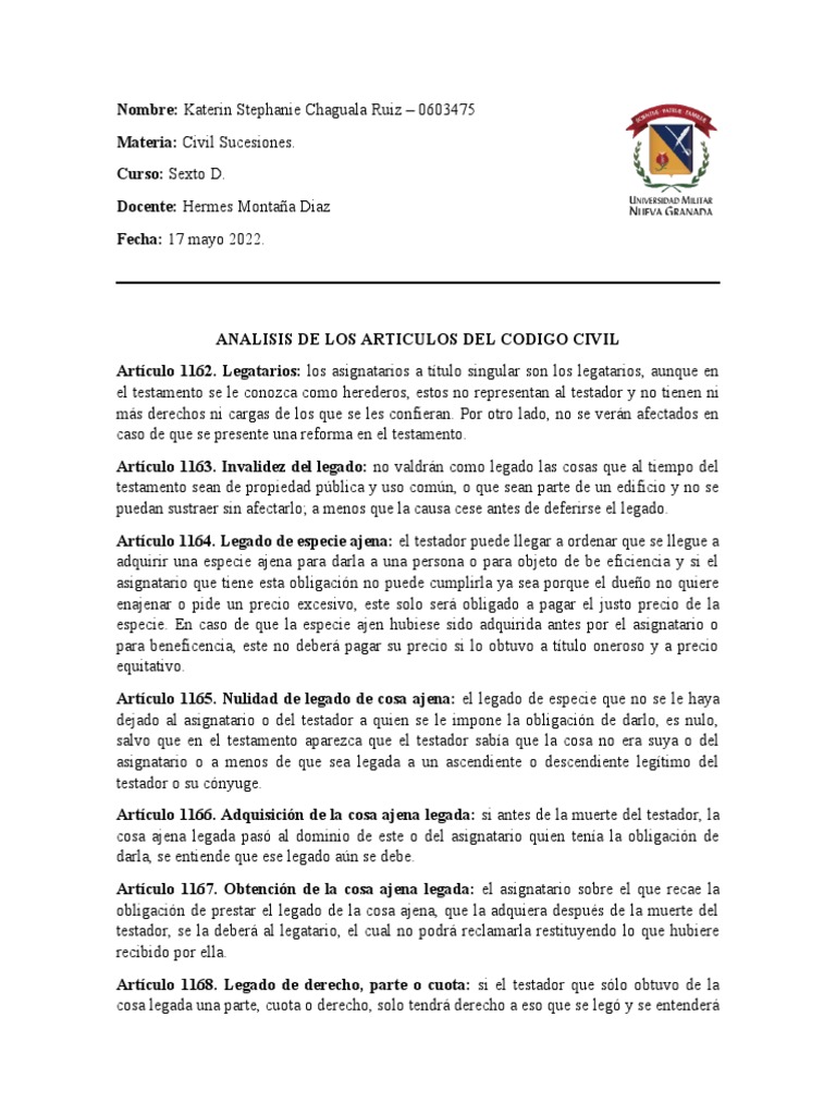 Analisis de Los Articulos Del Codigo Civil | PDF | Pagos | Legado