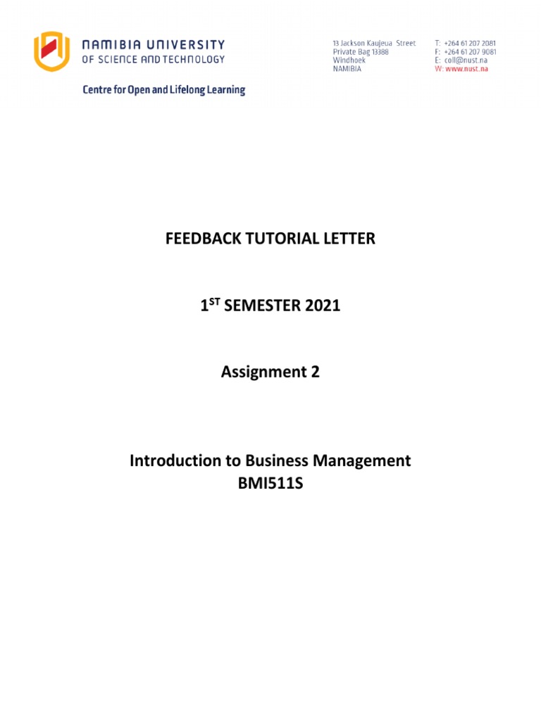 Introduction To Business Management (BMI511S) Assignment 2 Feedback ... Introduction To Business Management (BMI511S) Assignment 2 Feedback ...