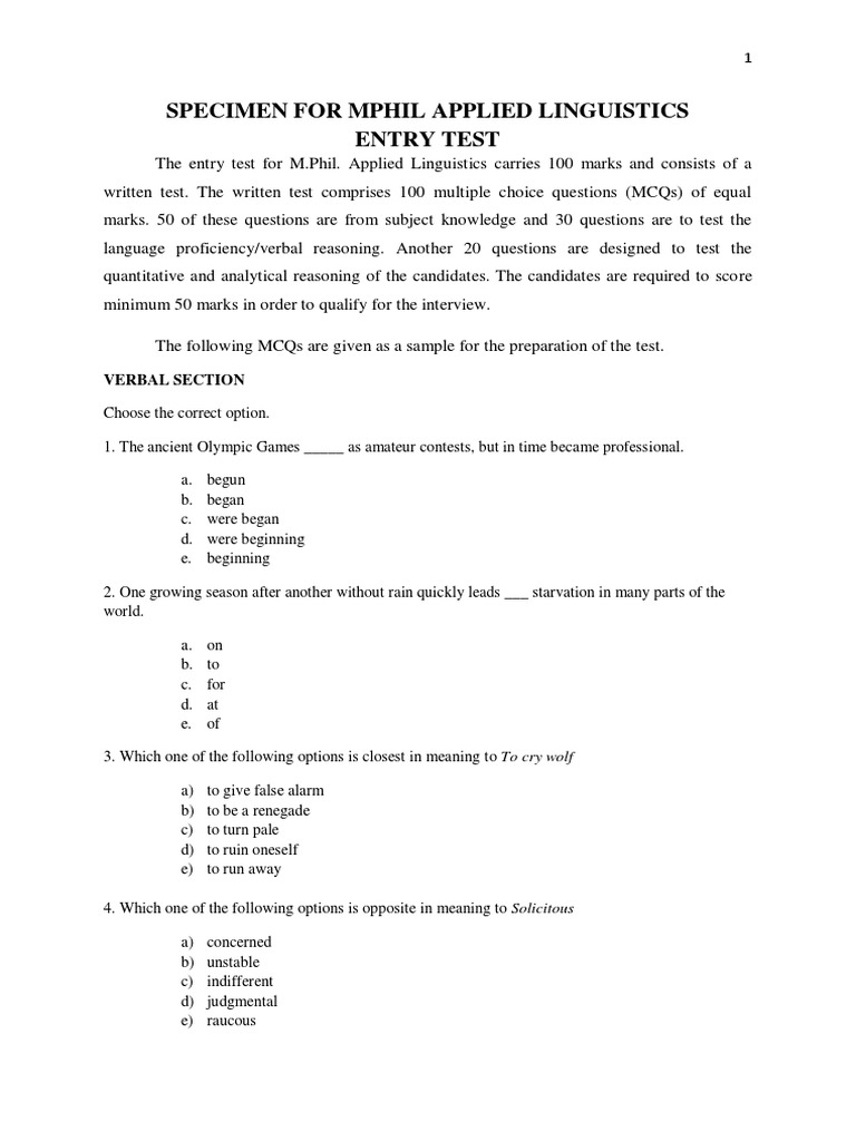 MPhil AL Sample Test PDF | PDF | Linguistics | Cognitive Science