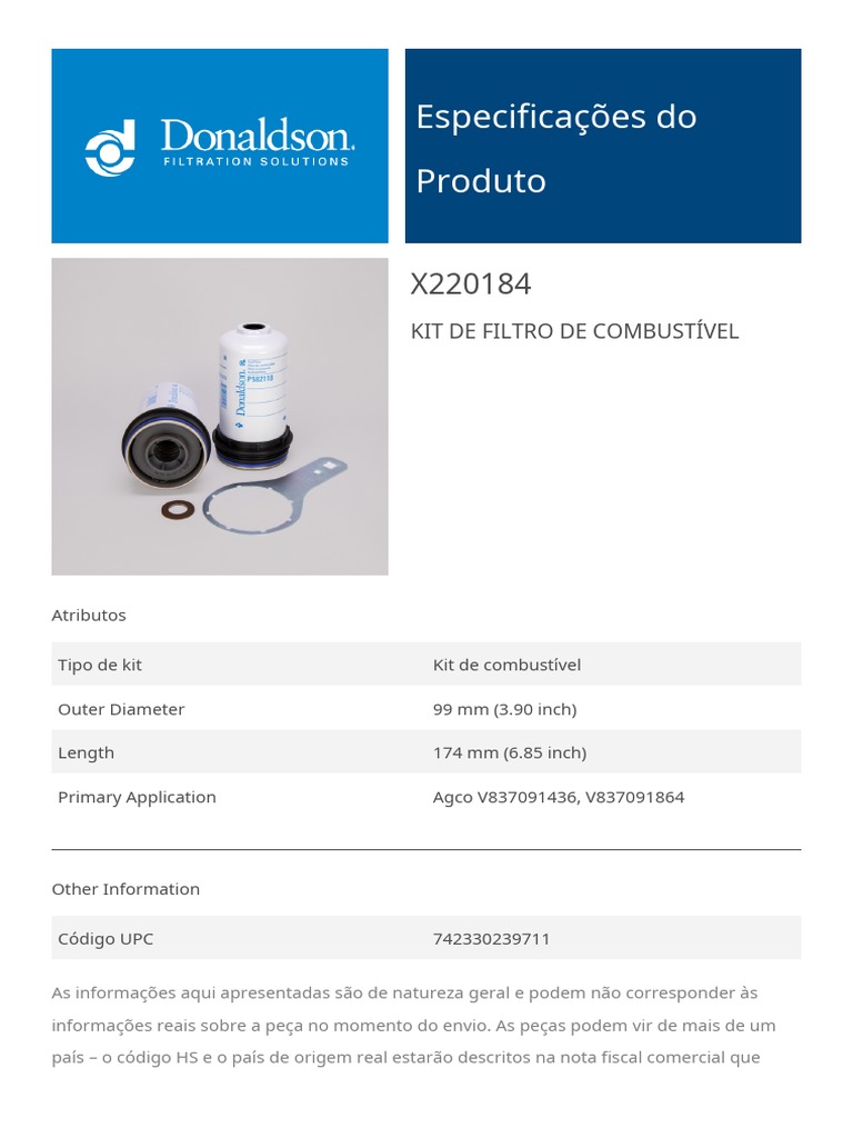 Especificações Do Produto: Kit de Filtro de Combustível | PDF | Casa e ...