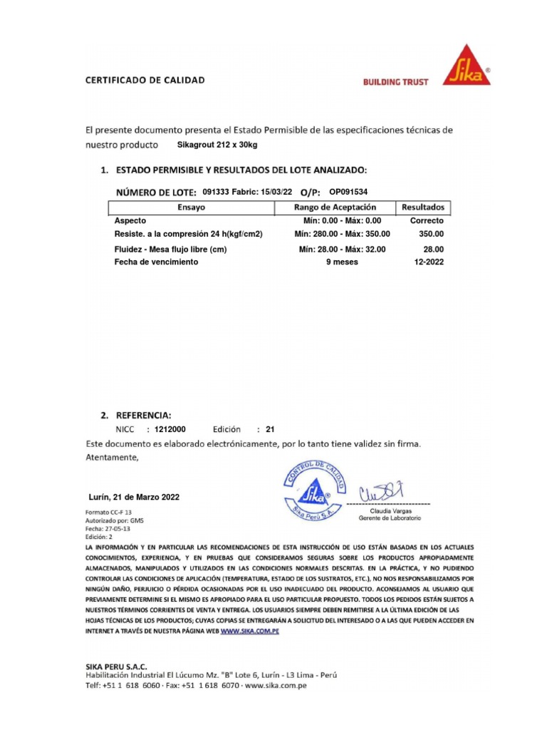 Certificado de Calidad Sikagrout 212 X 30 Kg. Lote 091333 | PDF