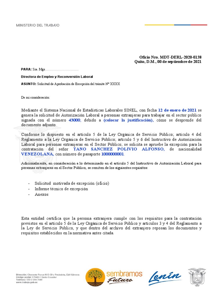 Modelo de Oficio de Solicitud Excepcion 2021 | PDF