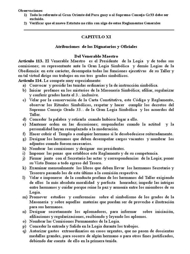 CAPITULO XI DDig y OOf Reglamentos Generales Antiguo | PDF | Masonería