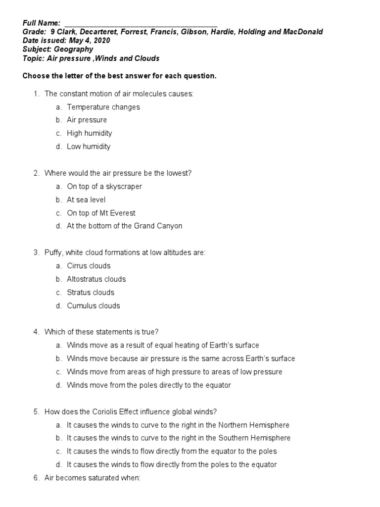 Geography Test: Air Pressure & Winds | PDF | Atmosphere Of Earth | Wound