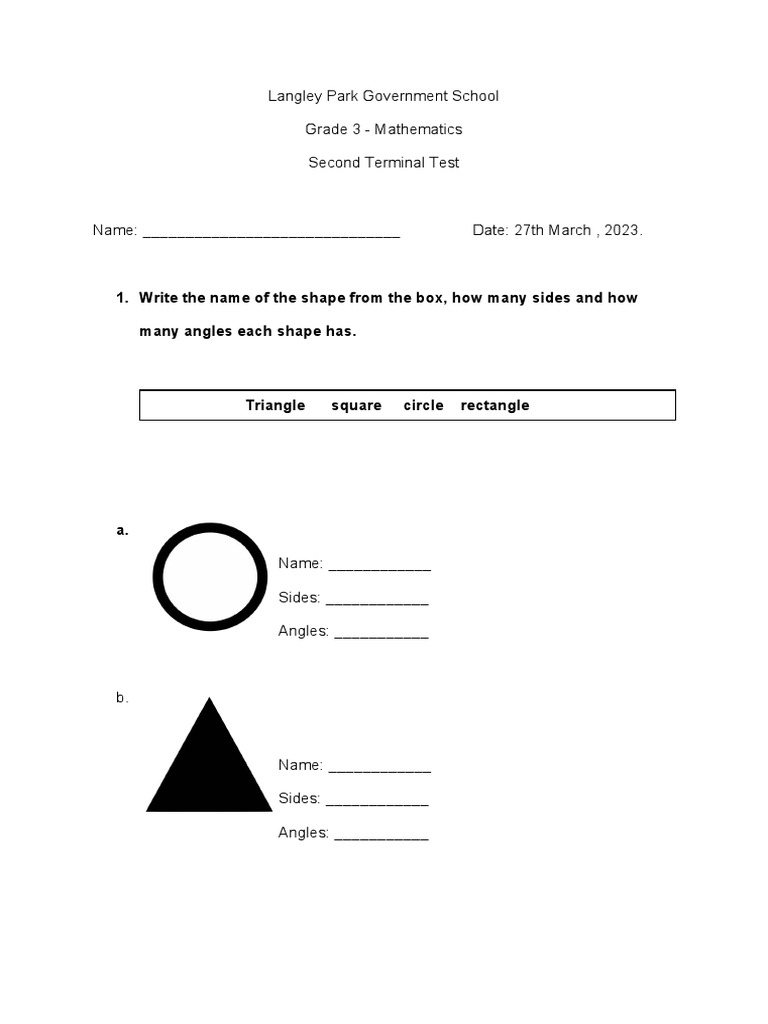 Grade 3 Mathematics Second Term Test | PDF | Shape | Euclidean Plane ...
