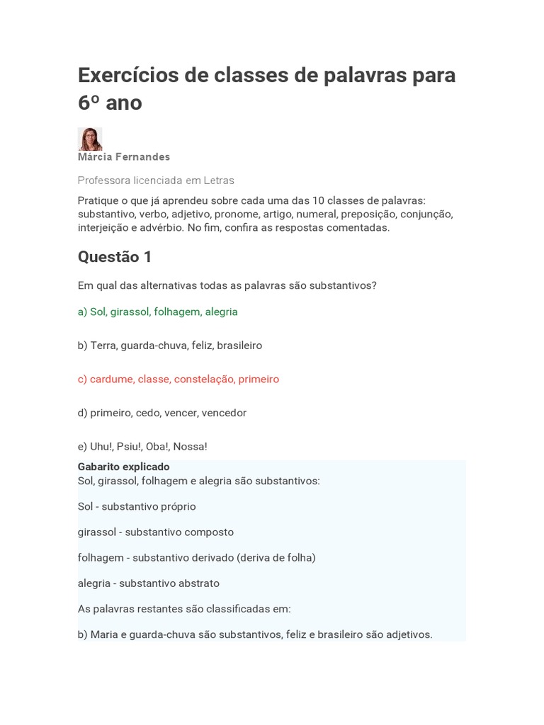 Exercícios de Classes de Palavras para 6º An1 | PDF | Pronome | Substantivo