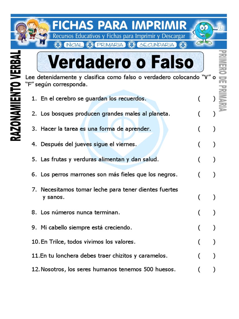 Ficha de Verdadero o Falso para Primero de Primaria 1 | PDF