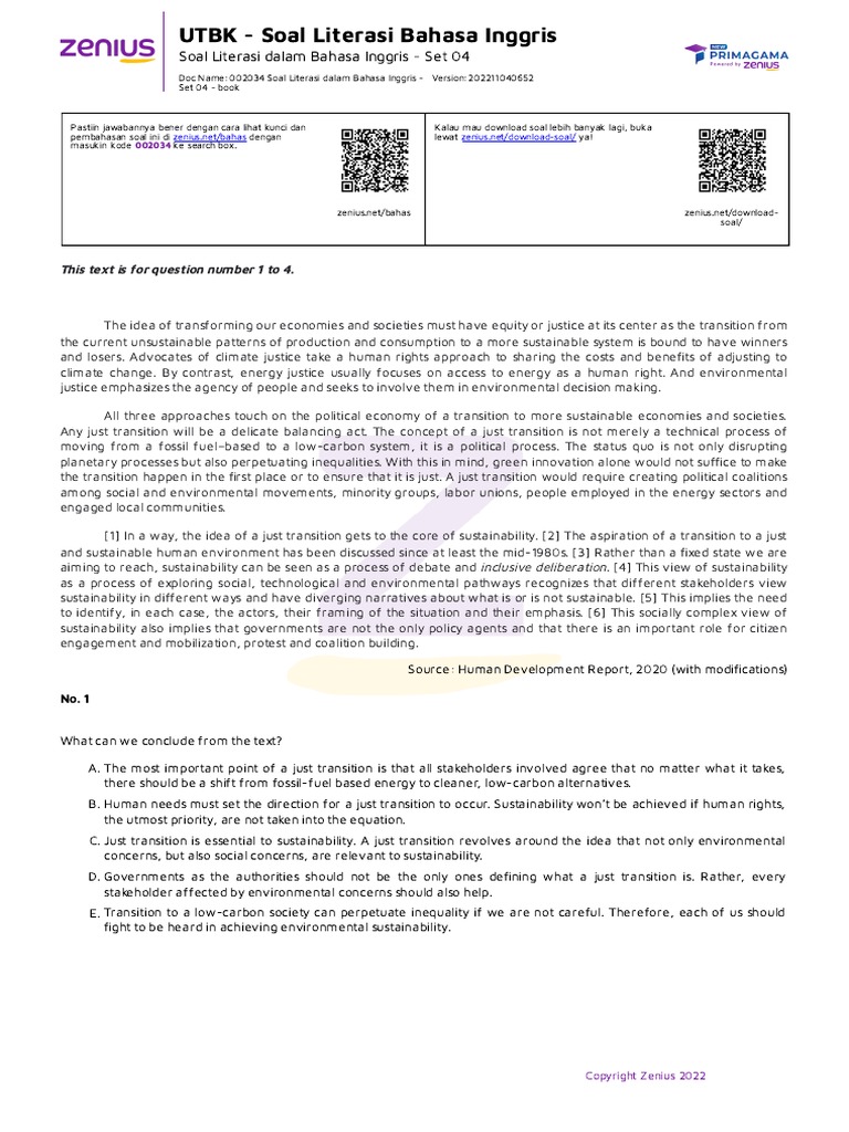 Soal Literasi Dalam Bahasa Inggris - Set 04 - Book | PDF | Human | Homo