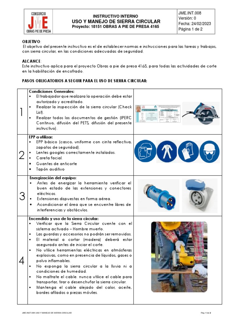 JME - INT.008 Instructivo USO Y MANEJO DE SIERRA CIRCULAR | PDF