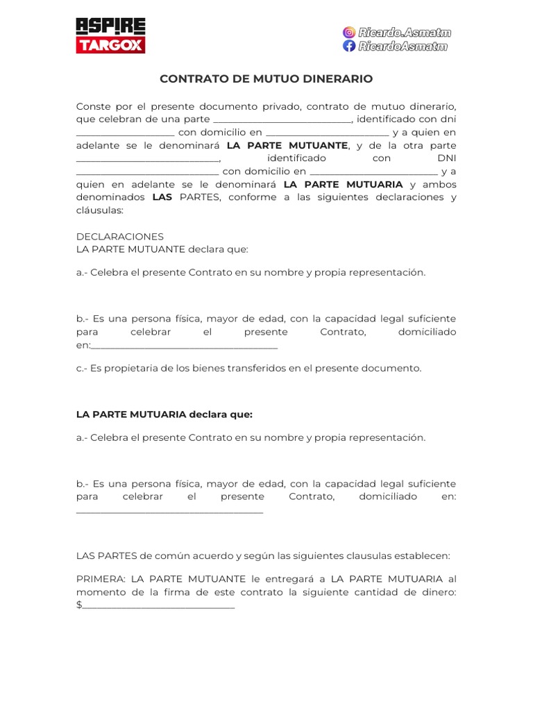 Contrato de Mutuo Dinerario | PDF